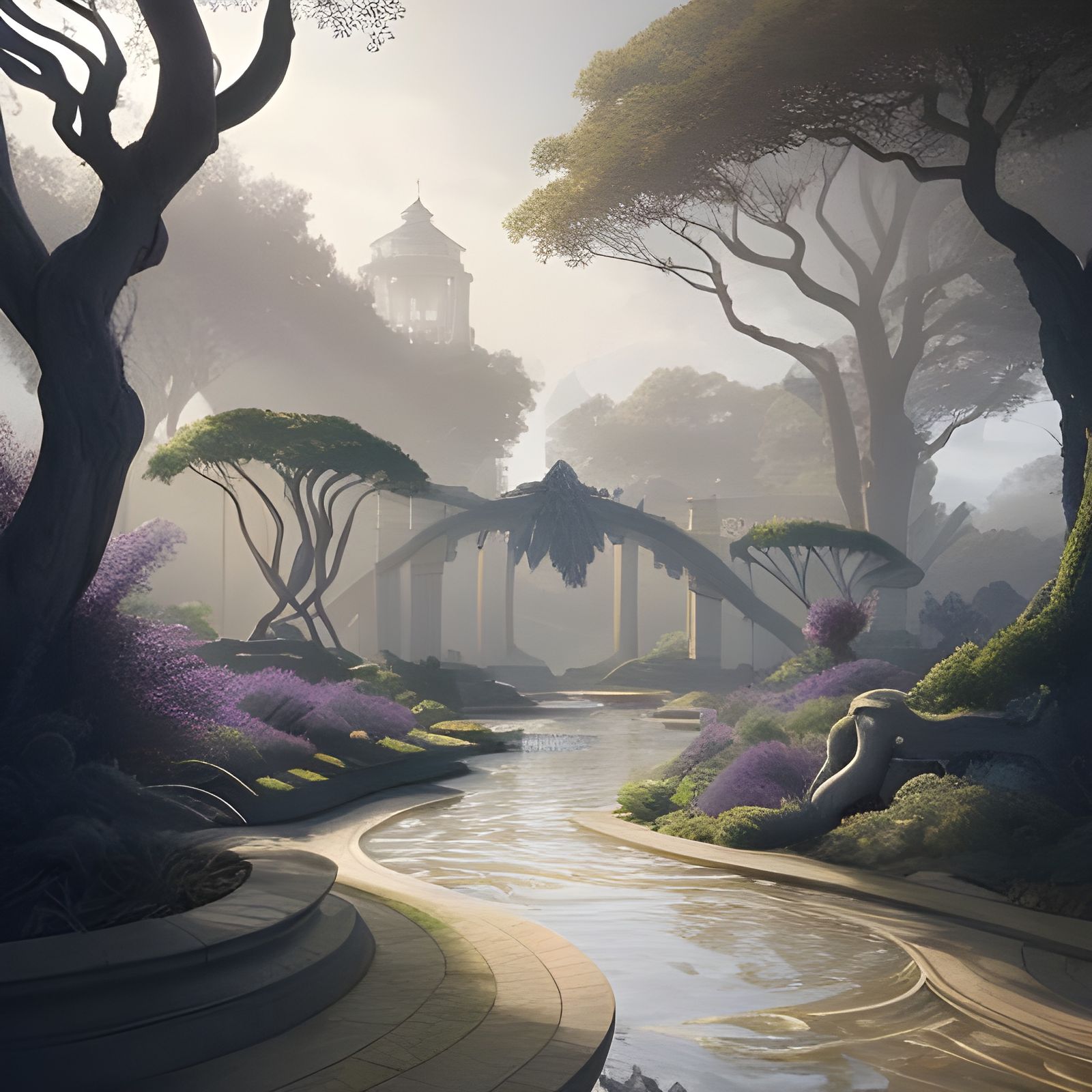 sinuous pathway palladian garden trees leaves follies, water, water ...