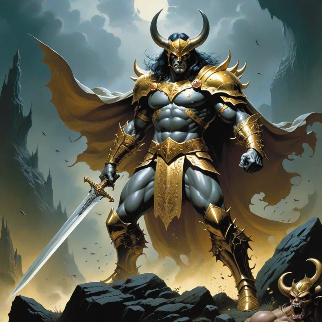 Epic Clash of Hero and Demon in Dark Fantasy Realm - AI Art