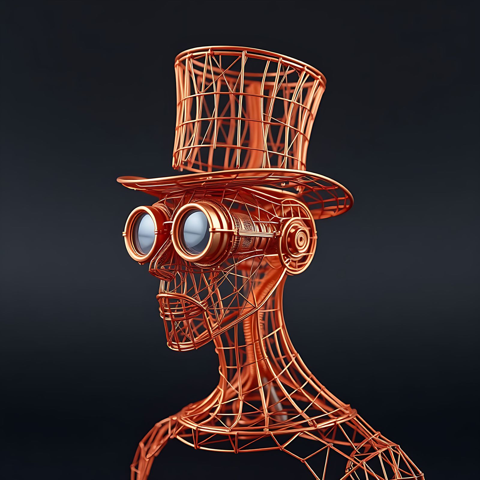 Steampunk Copper Wireframe Head with Top Hat and G... - AI Art