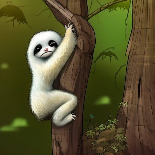 small-fluffy-albino-sloth-clinging-to-tree-trunk-while-turgid ...