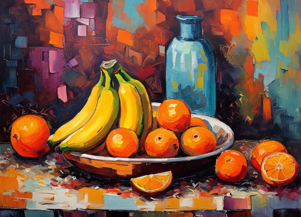 Still life, Fruit Bowl with ORANGES and BANANAS :: neo-impressionism ...