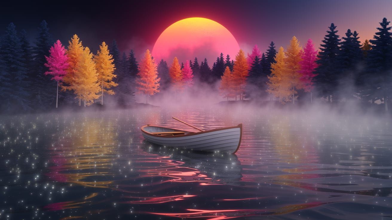 mist lakes - Surreal Dreamscape with Bioluminescent Rowboat ...
