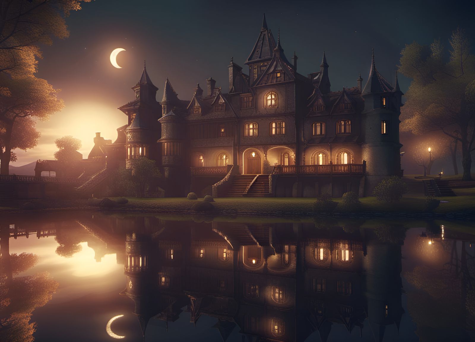 medieval style digital art of a well-lit medieval mansion at night ...