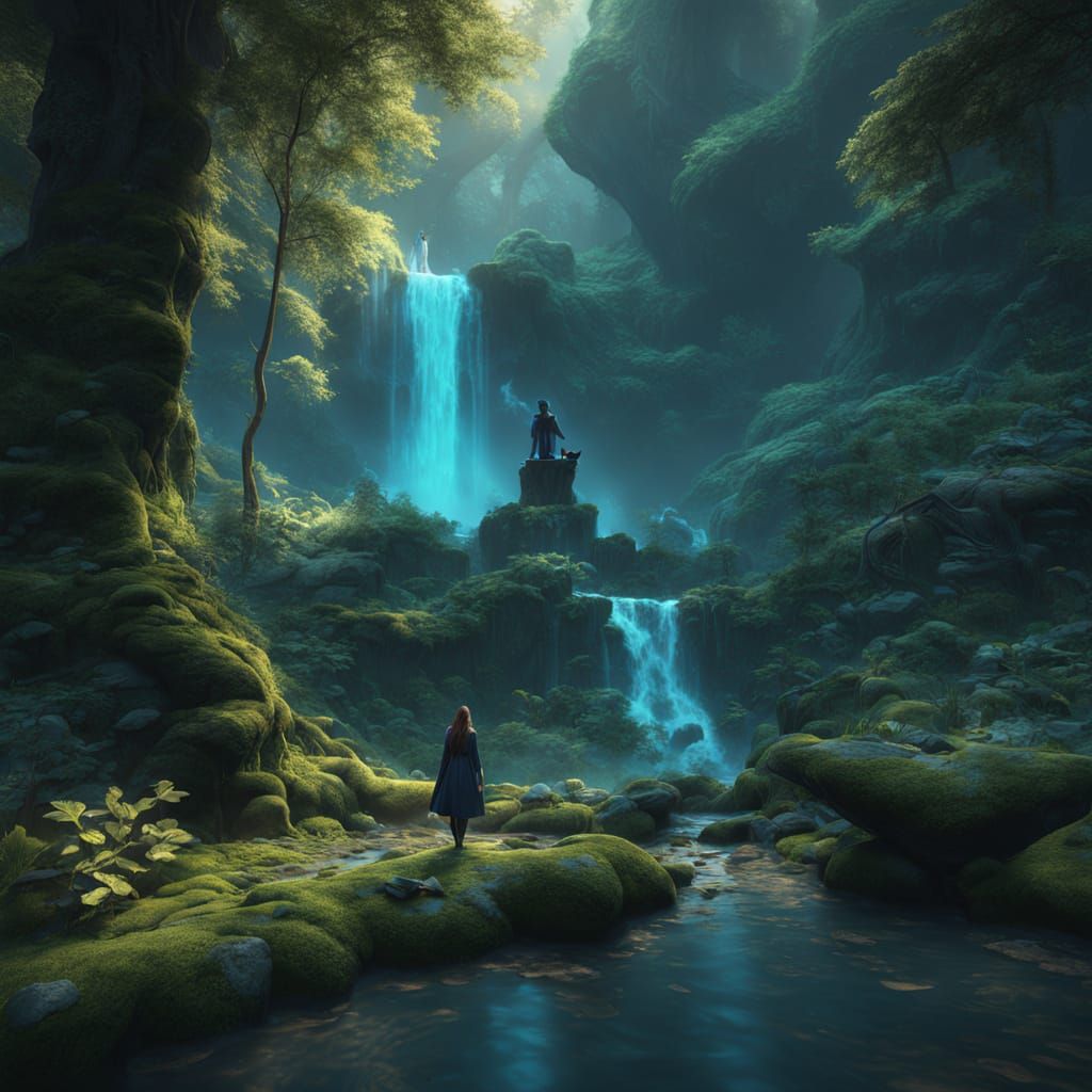 Woman and Waterfall. - Whimsical Witch in a Mysterious Water...