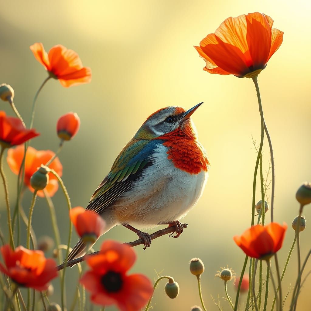 Sunlight shining through the beautiful feathers, it's a warm day, red ...
