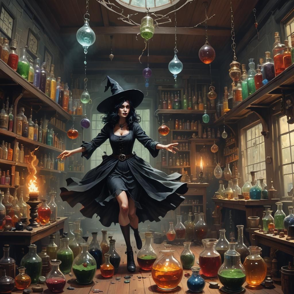 a beautiful witch levitating in a room full of potions - AI Generated ...