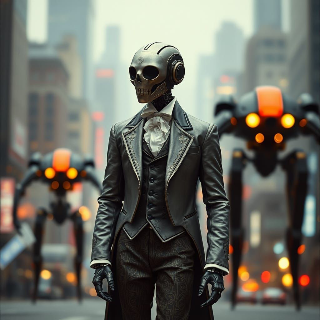 Formal Butler Android in Steampunk Cyberpunk Attir... - AI Art