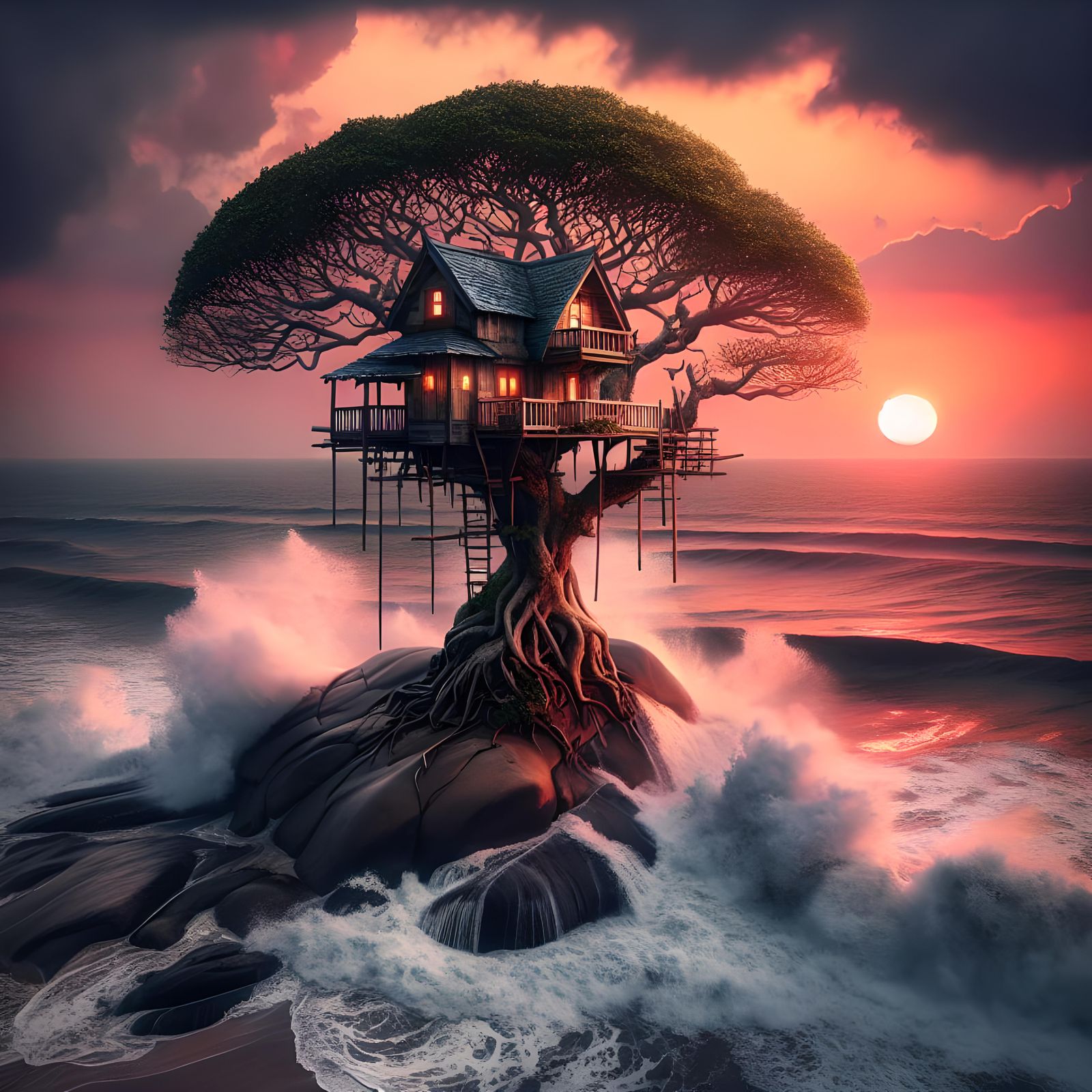 Beach Treehouse at Sunset - AI Generated Artwork - NightCafe Creator