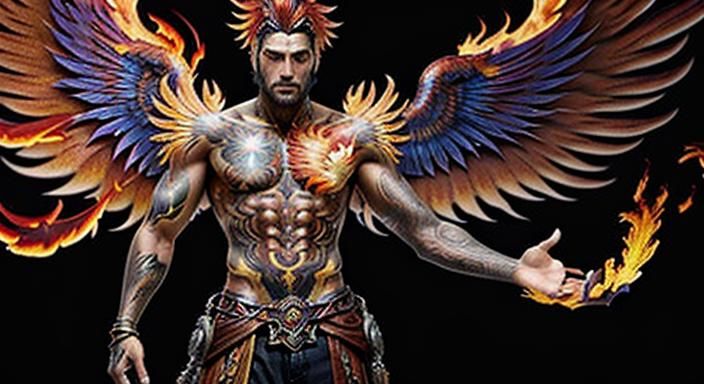(tattooed male Phoenix Warrior:1.2) (wrapped in flamess:1.3) epic ...