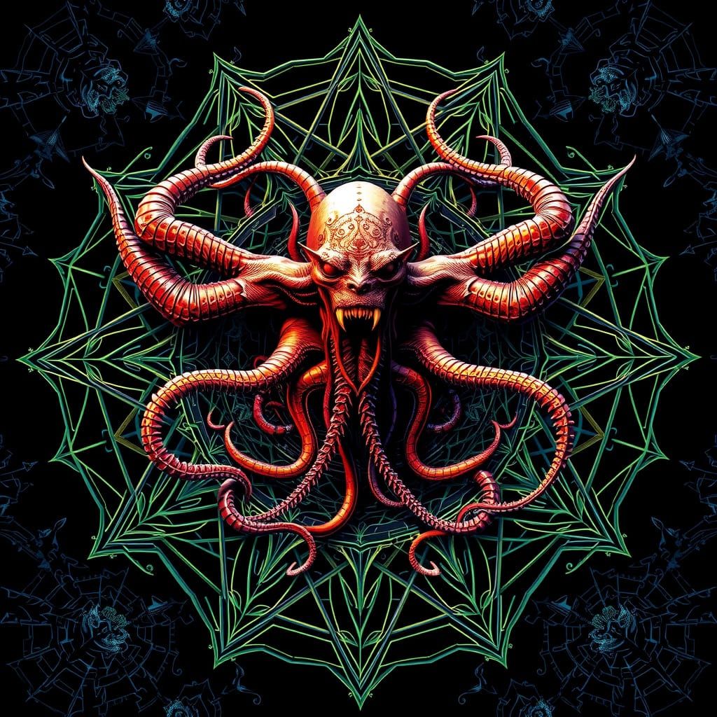 Cosmic Horror Mandala in Dark, Iridescent Hues - AI Art