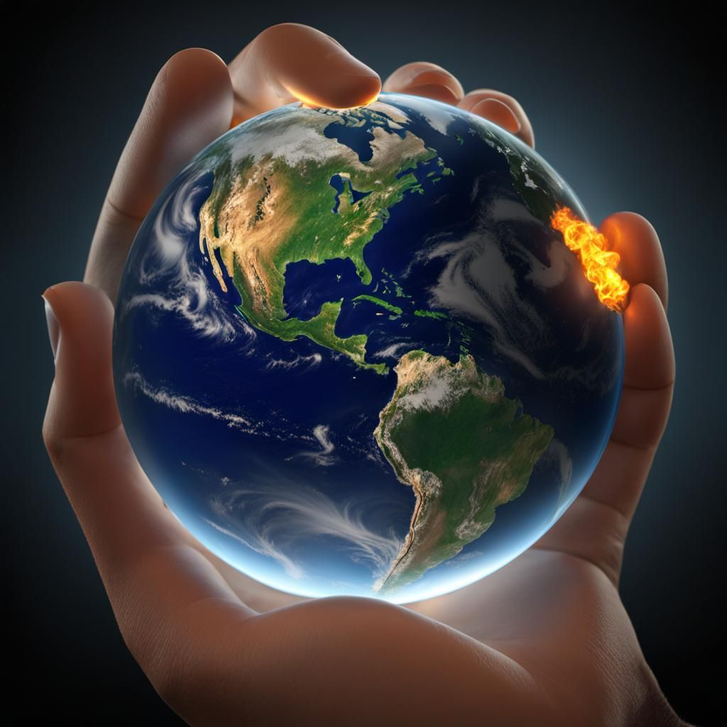EARTH IS ON FIRE, IN MY HAND. MINIATURE GLOBE BURNING FLOATING OVER MY ...