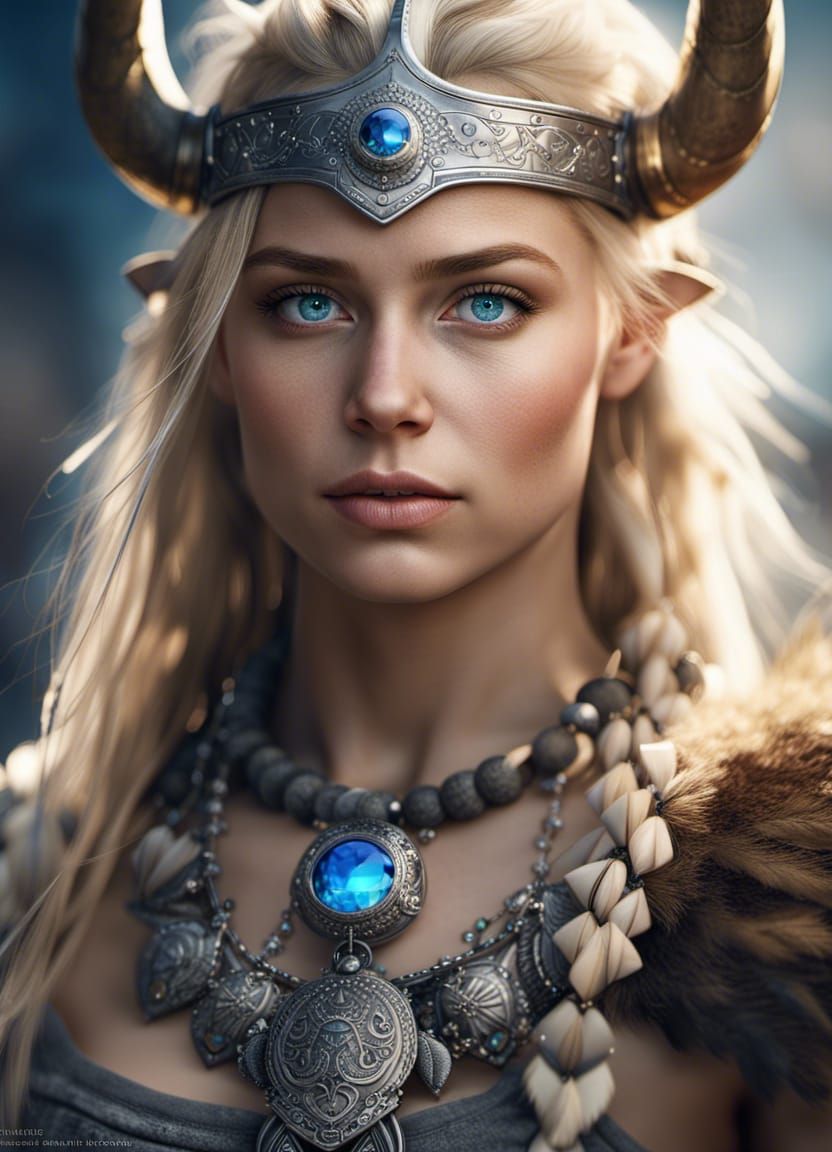 Ultra realistic portrait, stunning portrait of a beautiful Viking girl, iridescent blue eyes ...