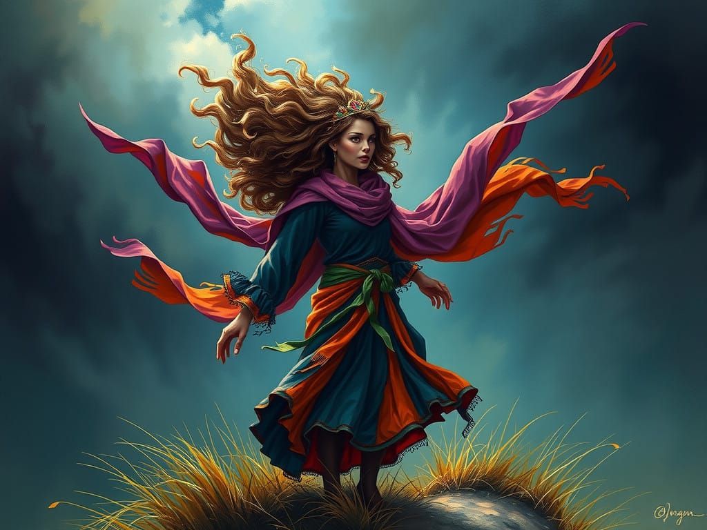 Mystical Gypsy Woman Gazing into the Enchanted Dis... - AI Art