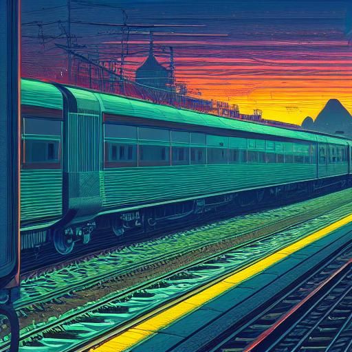 A running night train, darkness, railway surroundings, giant structures, sharp 8k ultra quality ...