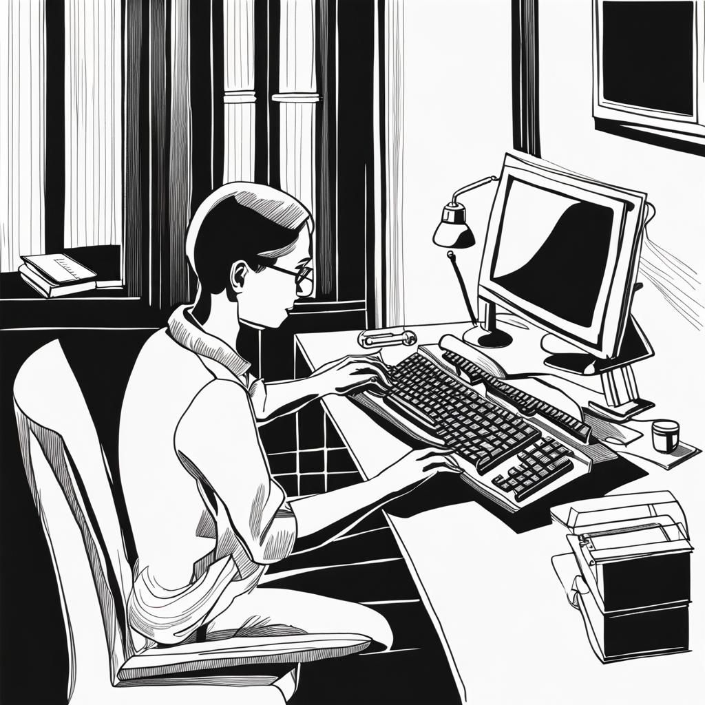 black & white drawing of a person typing at a computer keyboard ...