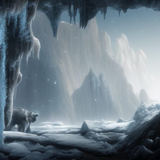 cave with icicles cold wind snow big brown bear - AI Generated Artwork - NightCafe Creator