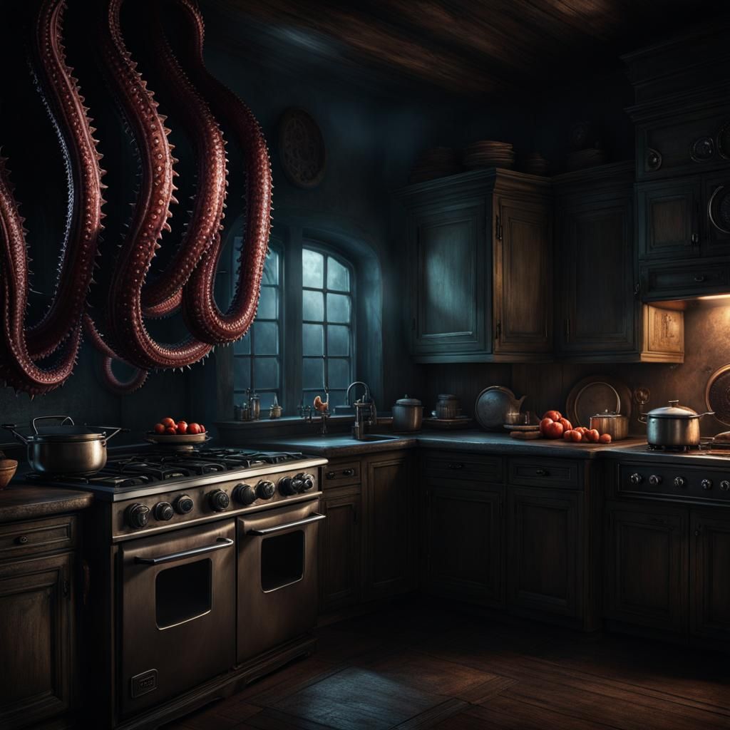 dark fantasy, fantasy scary Spooky Kitchen Appliances, with teeth and ...