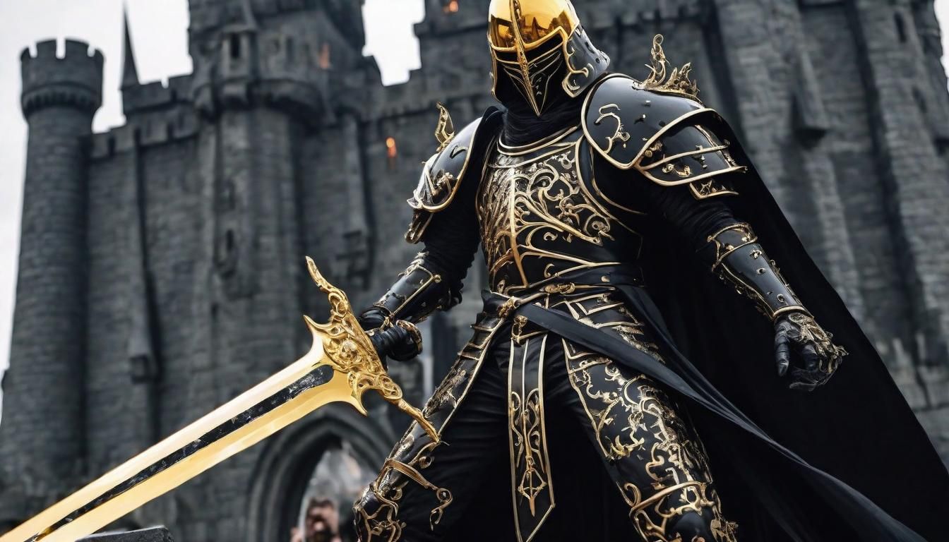 Dark Lord striking a blow with his black and gold greatsword on a glass ...