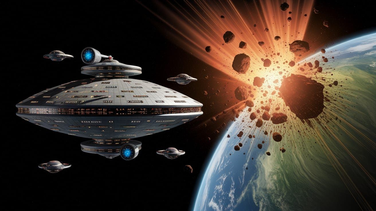 Vibrant Cosmic Starship Confronts Asteroid Impact ... - AI Art