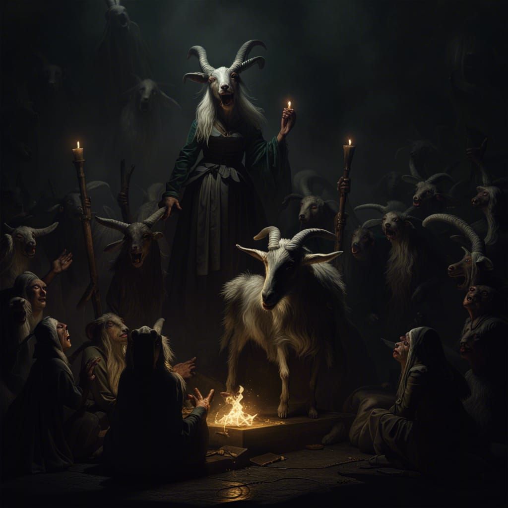 old witches worshiping a big billy goat Francisco de Goya style dark ...