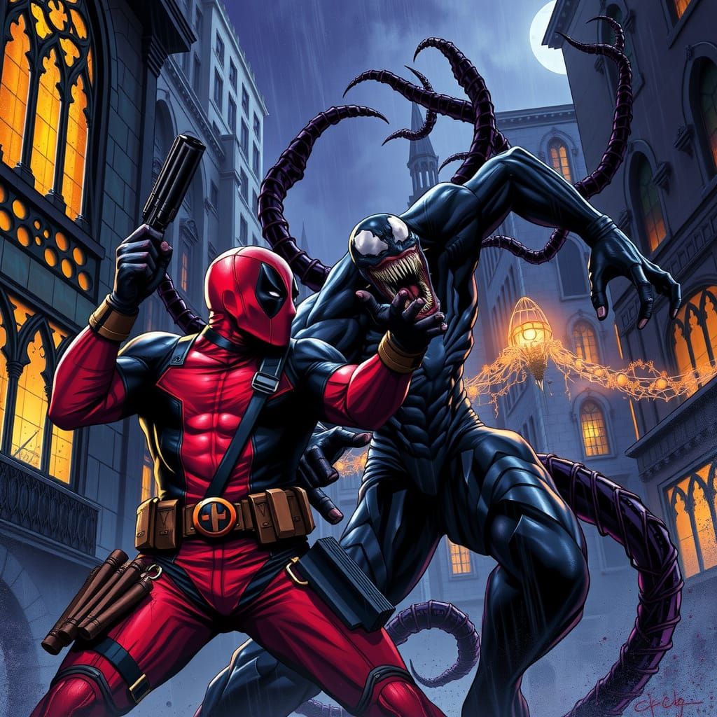 deadpool vs venom - Deadpool vs Venom in Dark Gothic Citysca...