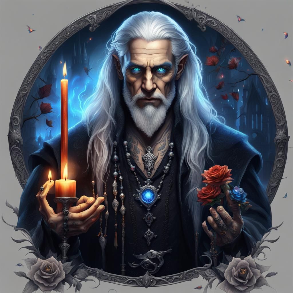 Handsome wizard (blue eyes) with long waist-length silver hair with ...