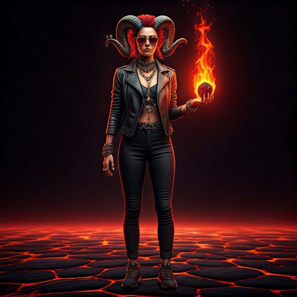 Fiery Goddess with Scarlet Pixie Cut and Ram Horns - AI Art