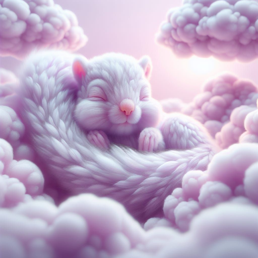 A beautiful, adorable baby squirrel made entirely of soft, light purple clouds, nestled ...