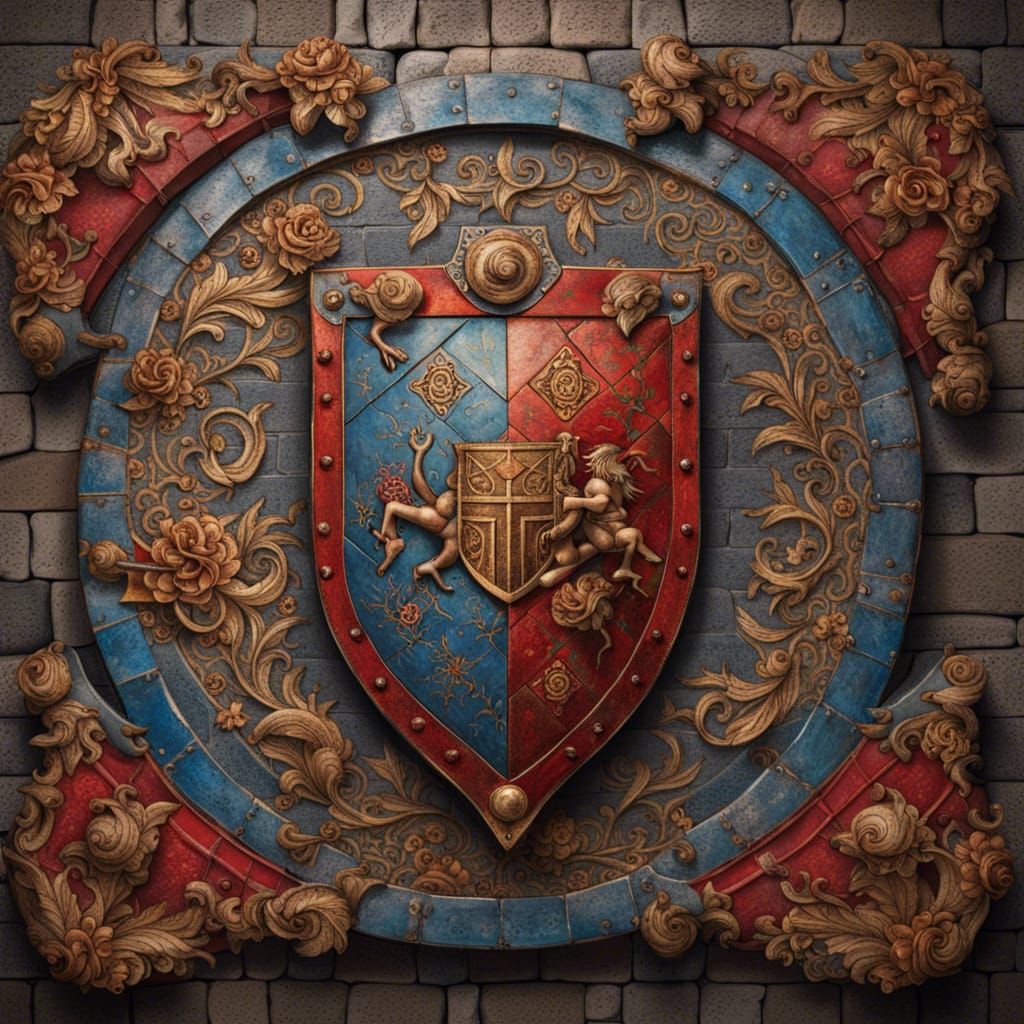 Long shot. On a stone wall hangs An elaborate ancient medieval wooden ...