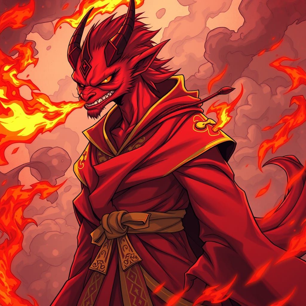Red Tiefling Monk Breathing Fire in Anime-Inspired... - AI Art