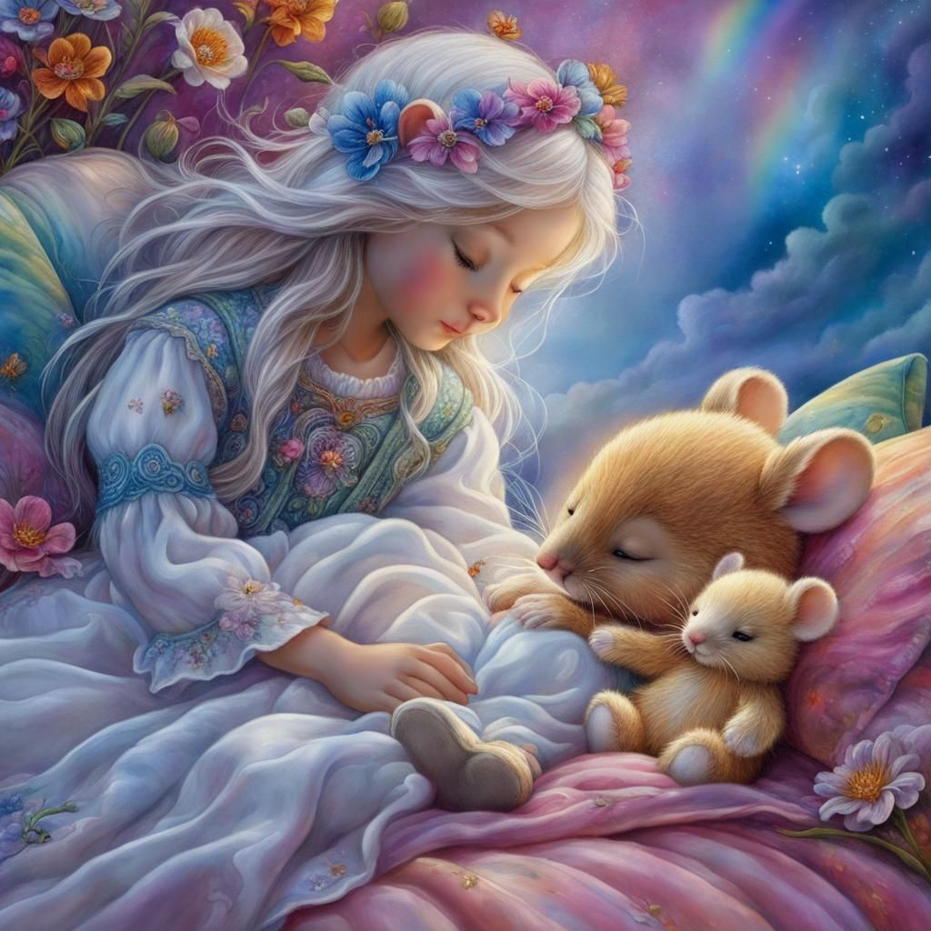 Josephine Wall style Embroidery adorable Afternoon Nap in bed for a ...