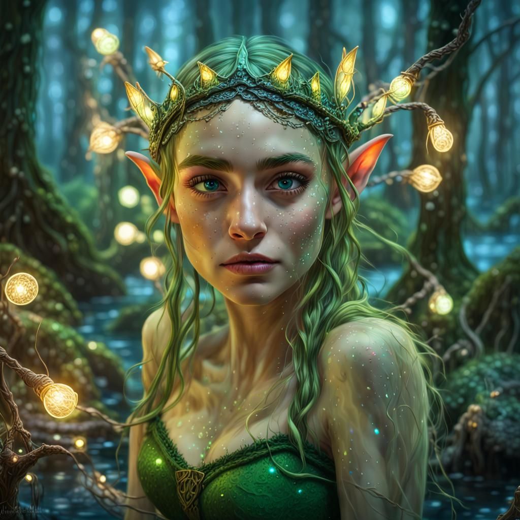 Beautiful Elf Princess, Swamp, fairy lights, surreal, splash art, oils ...