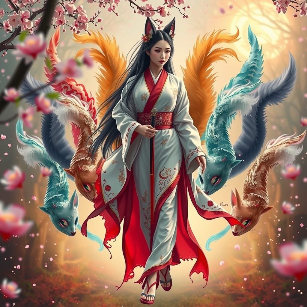 Majestic Nine-Tailed Kitsune in Cherry Blossom For... - AI Art