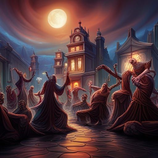 Heironynus Baush style art of demonic party outside with dancing ghouls ...