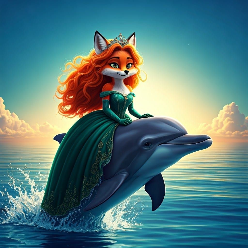 Fox Princess Rides Majestic Dolphin in Tropical Su... - AI Art