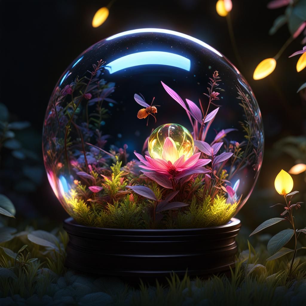 "A firefly inside a translucent crystal sphere, beautiful light upwards ...