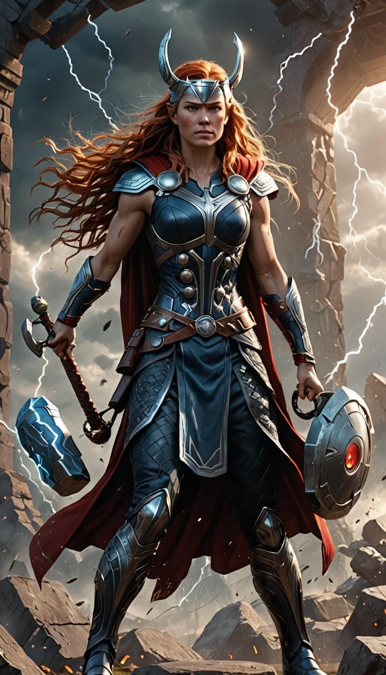 Female Thor the Goddess of Thunder, Mjölnir in her right hand - AI ...