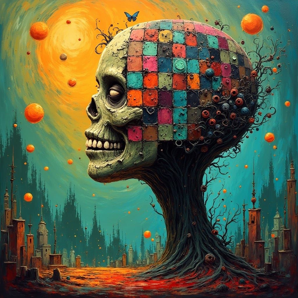 Rubik's Cube head. surrealism analogous colors Tim Burton Dan Mumford ...