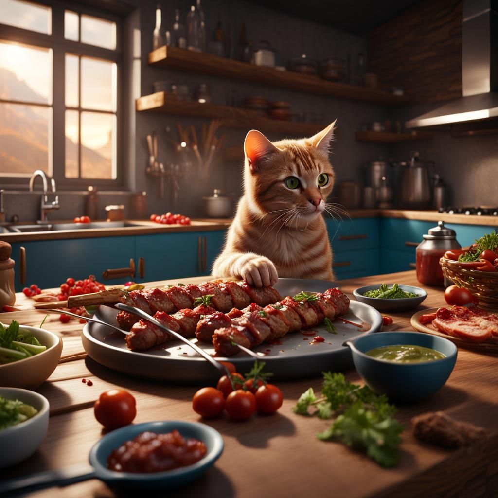 cat eating true turkish kebab in modern kitchen - AI Generated Artwork ...