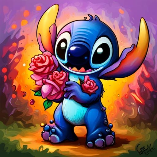 Stitch holding out flowers - AI Generated Artwork - NightCafe Creator