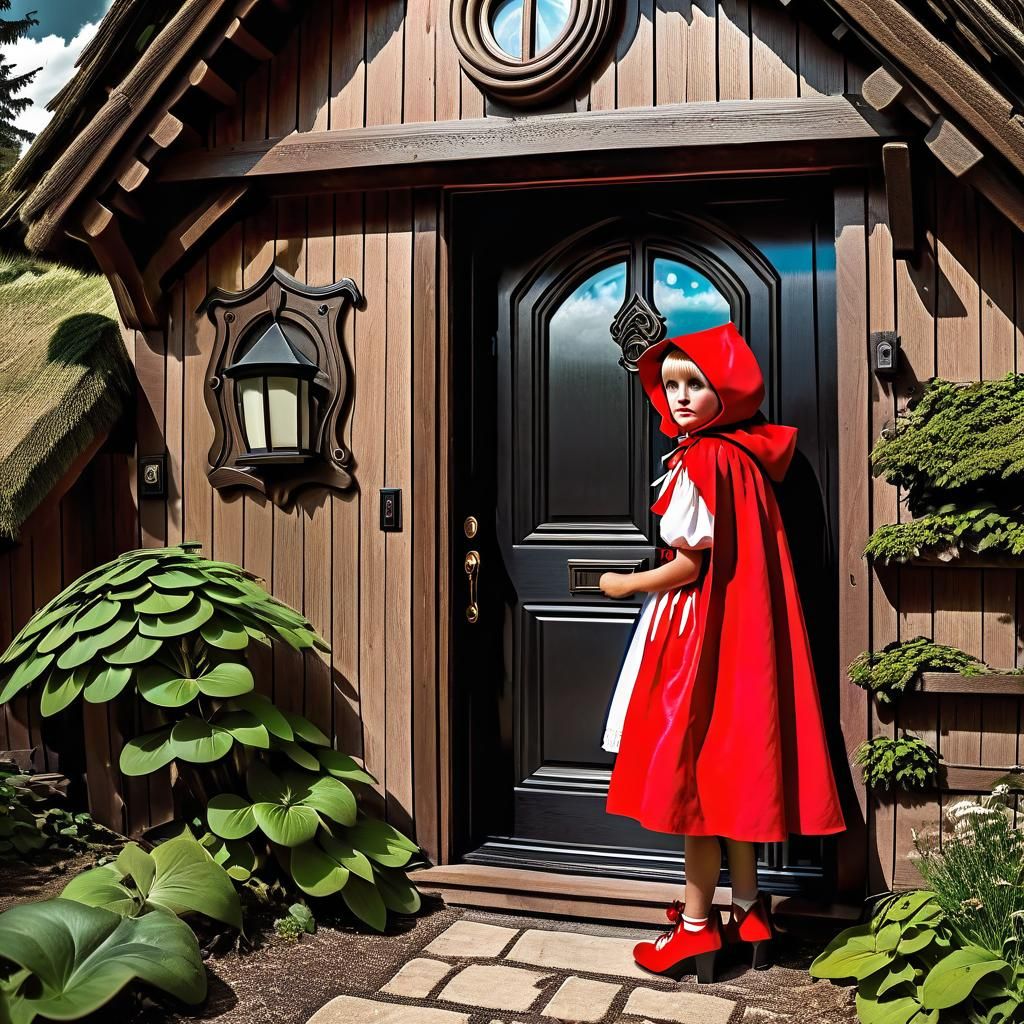 little red riding hood standing at the door of a cottage in the black ...