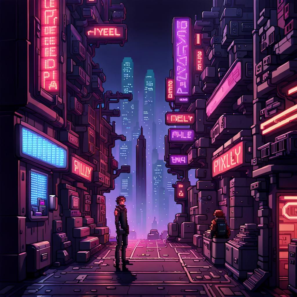 "Pixelated Cyberpunk Alley" Craft a pixel art representation of a ...