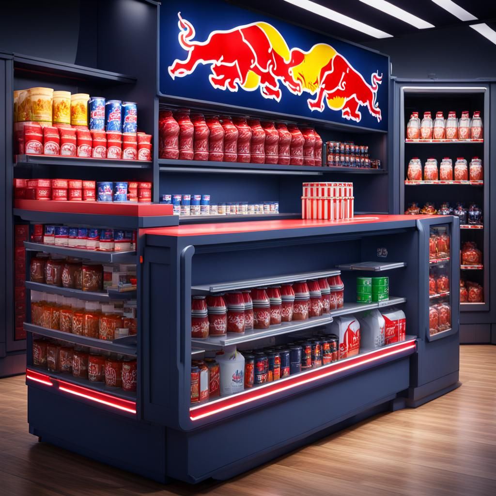 A supermarket point of sale counter for Red Bull contains shelves for ...