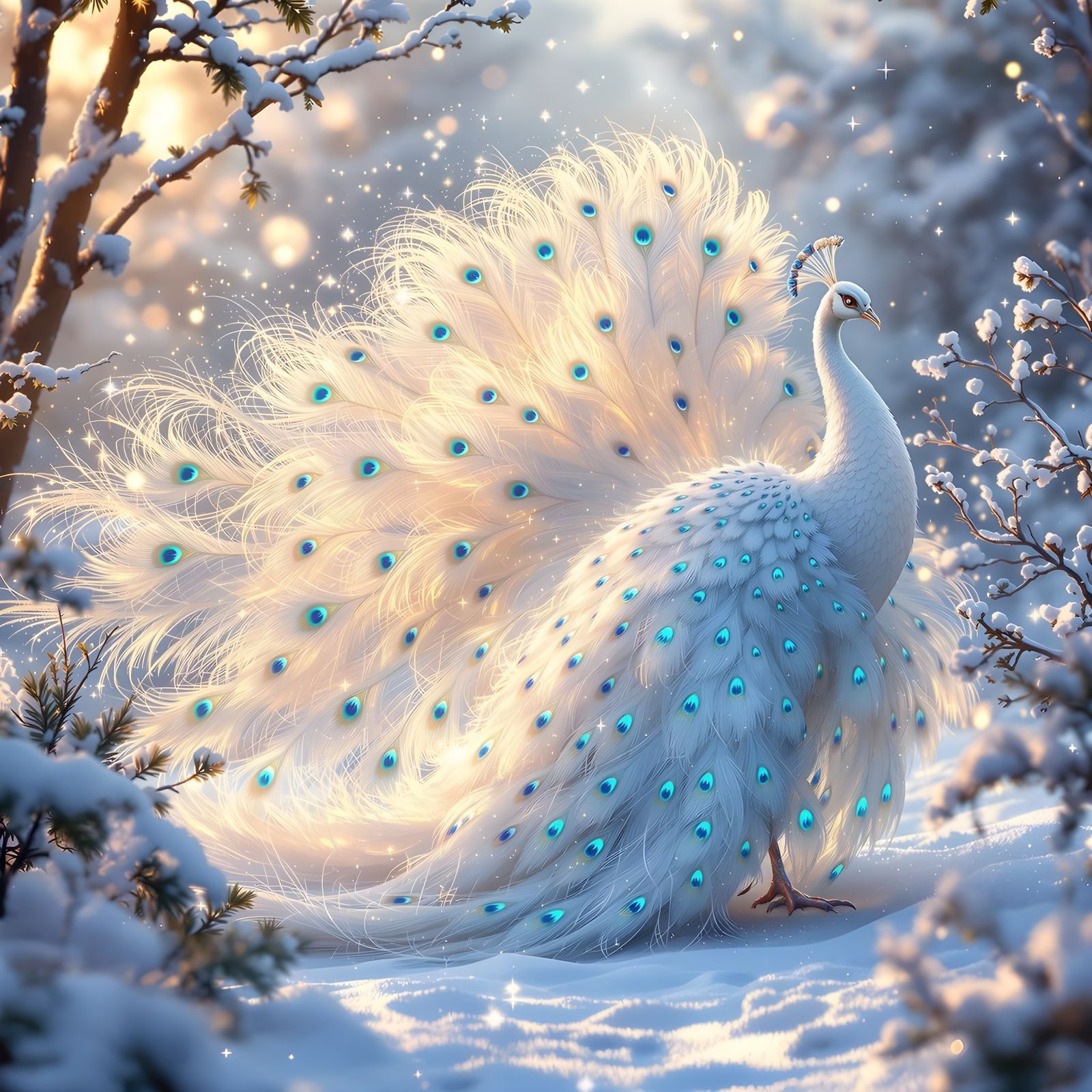 Winter Peacock - Majestic White Peacock Shines in Snowy Wint...