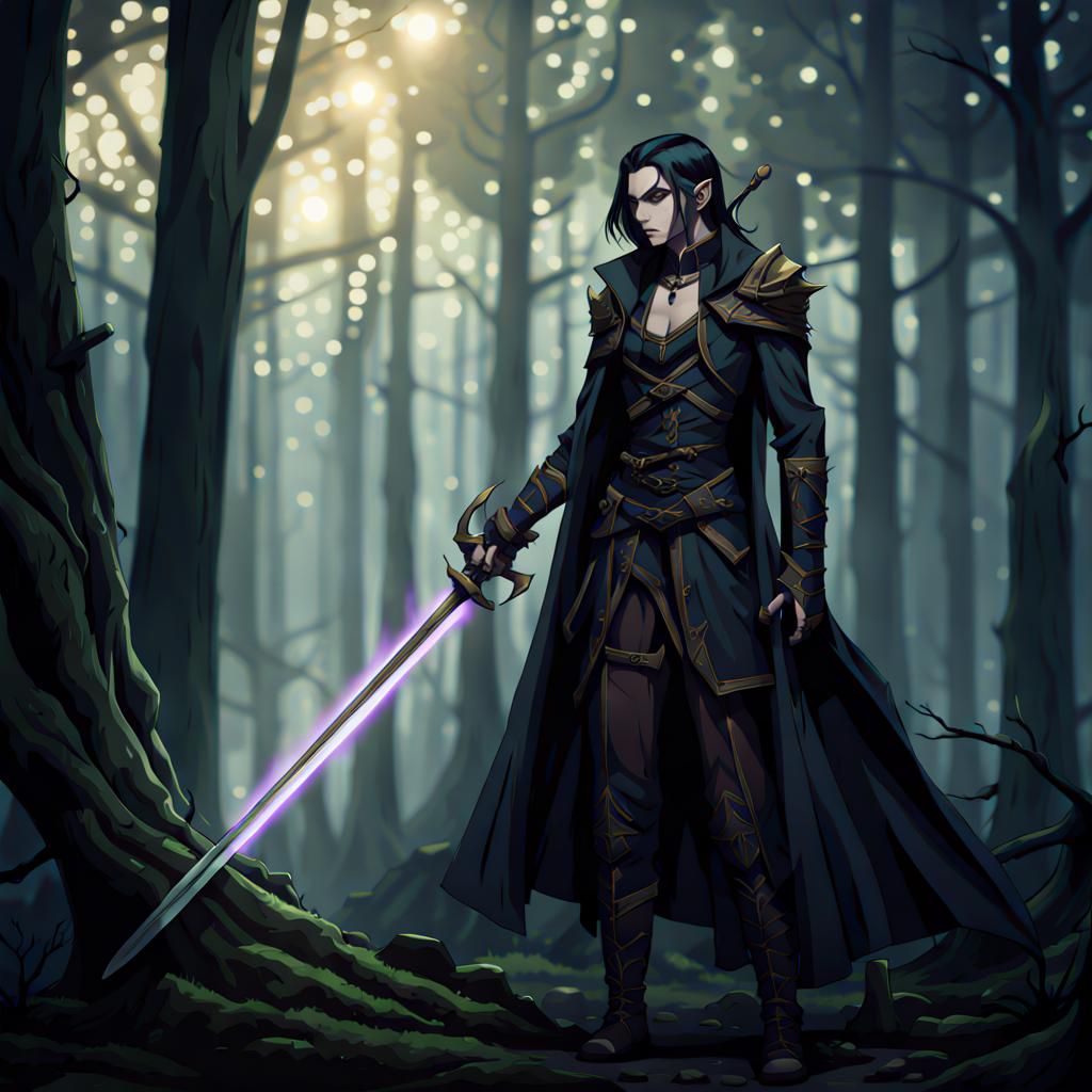 Goth elf assassin with a glowing sword floating high above their right ...