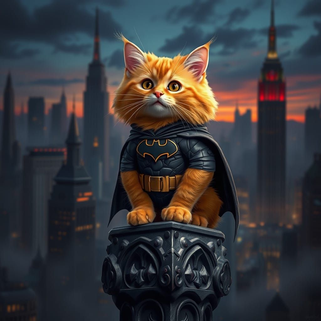 Vibrant Batman Cat Hero Perched on Gothic Pedestal - AI Art