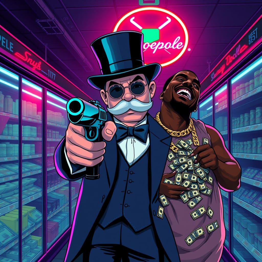 Neon-Lit Heist: Monopoly Man Takes Aim in Retro-Fu... - AI Art