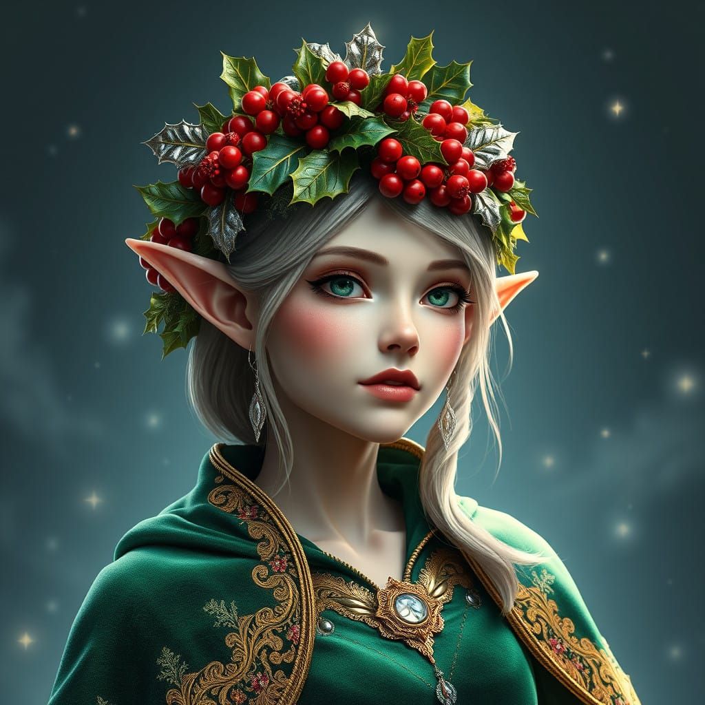 Emerald Elf Goddess Wears Luminous Christmas Crown - AI Art