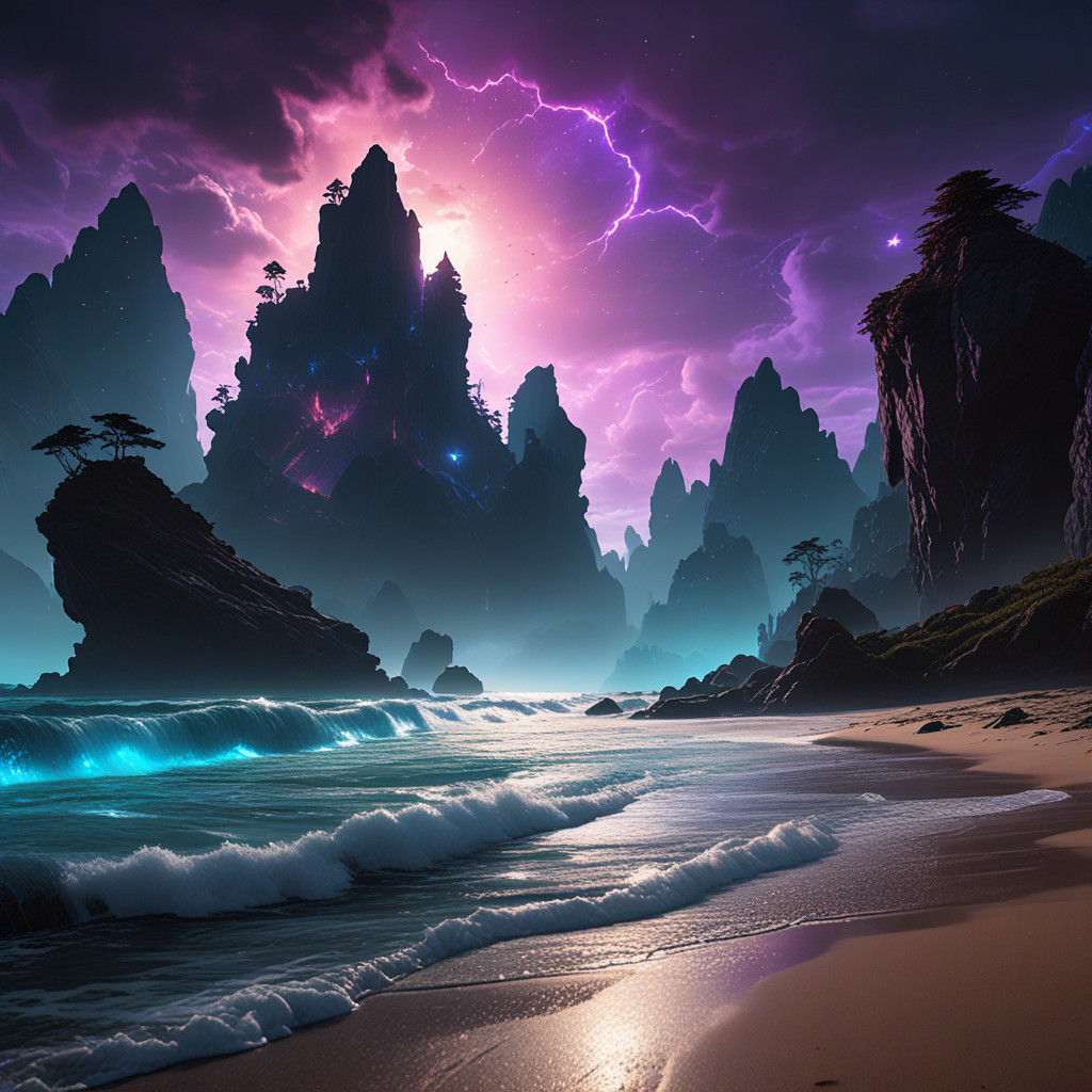 Amethyst Storm - Ethereal Beachscape in Cinematic Digital Ar...