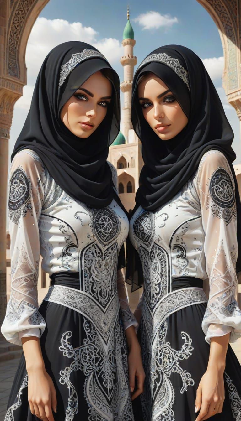 Attractive twins in veiled dress with pretty magical eyes
